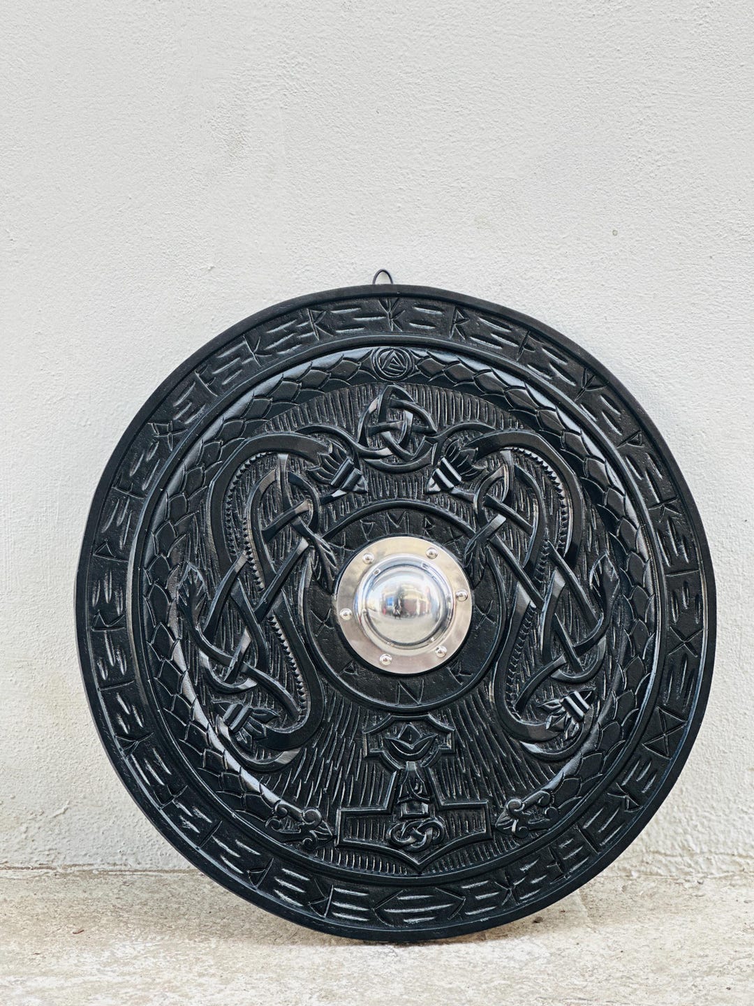 Viking Wooden Shield Medieval Carved Black Shield Engraved Round Wall ...