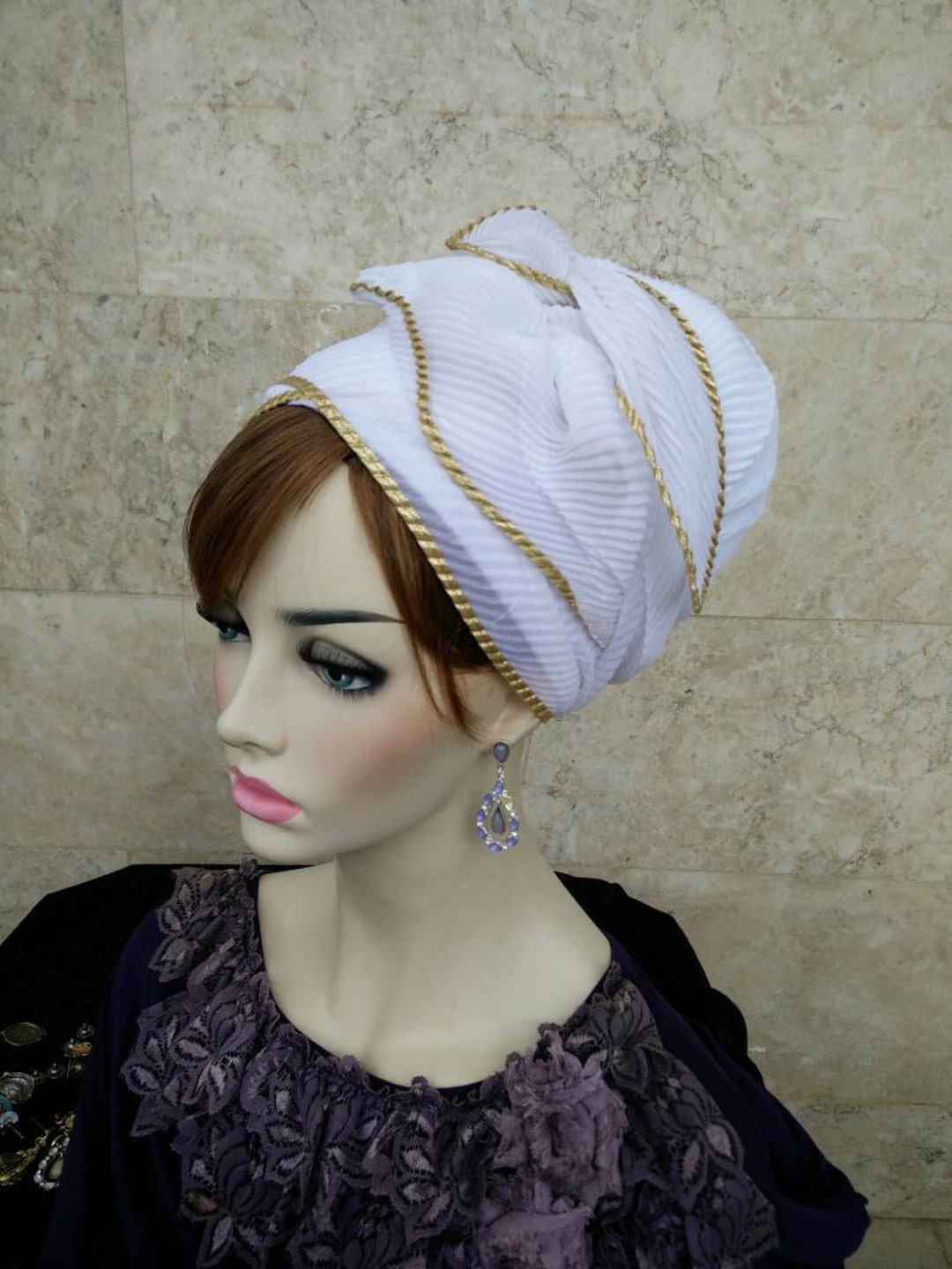 White With Gold Stripe Head Scarf, Hijab, Israeli Tichels, Headband ...