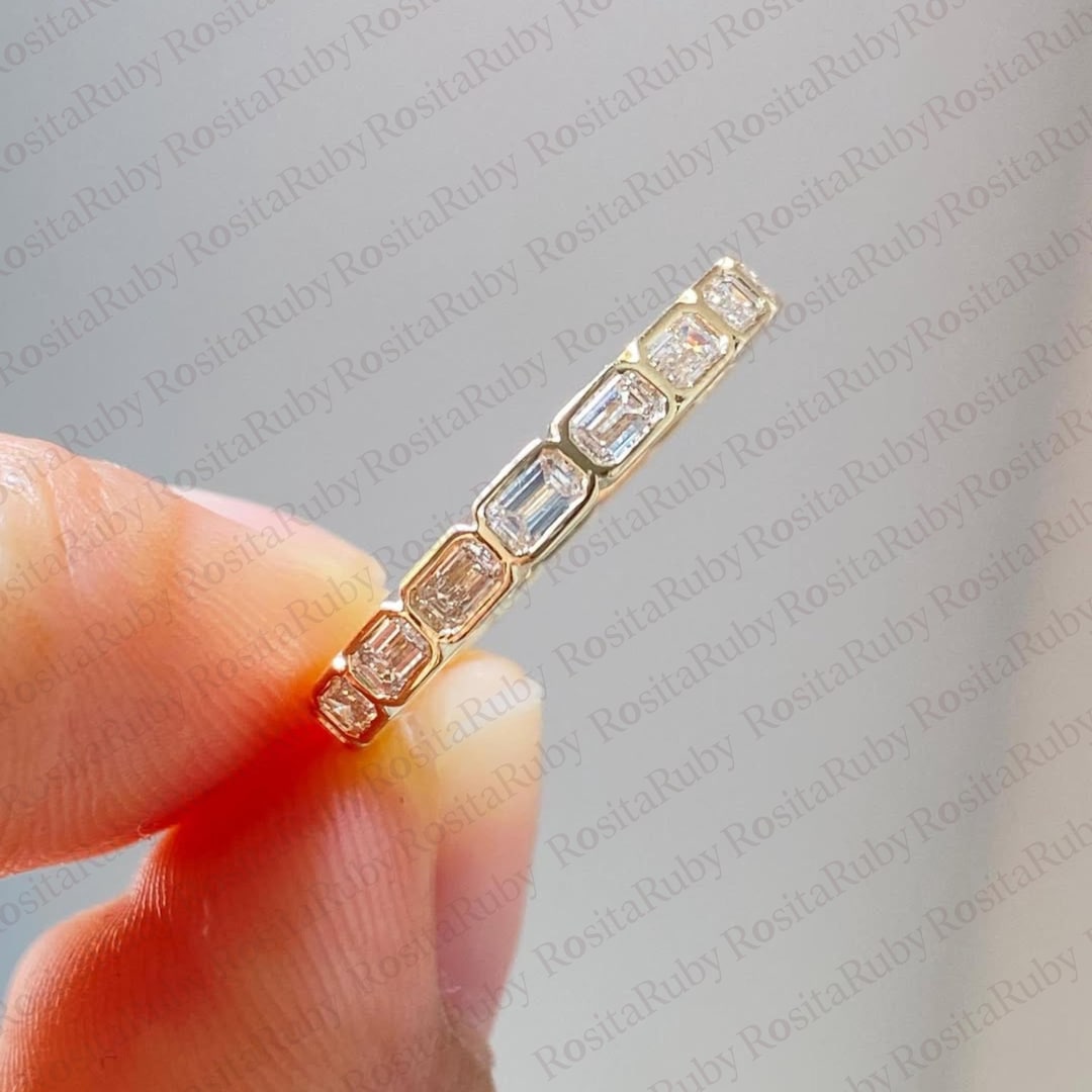 Horizontal Emerald Cut Moissanite Bezel Setting Wedding Band Half ...