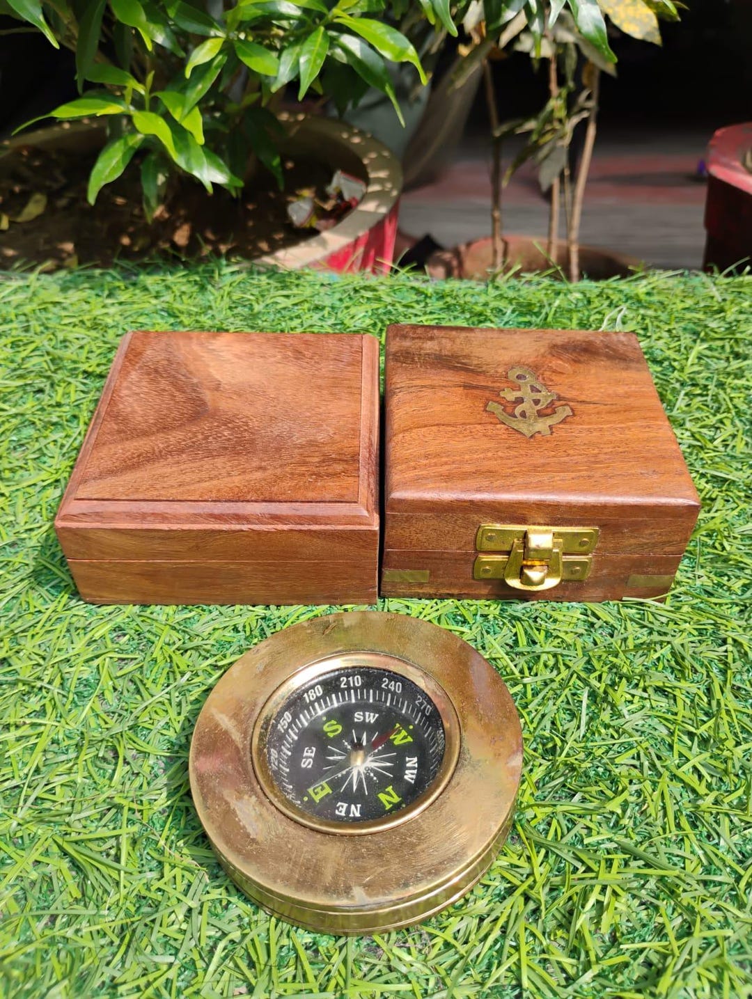 Antique Brass Compass With Anchor Wooden Box | Handmade Nautical Decor ...