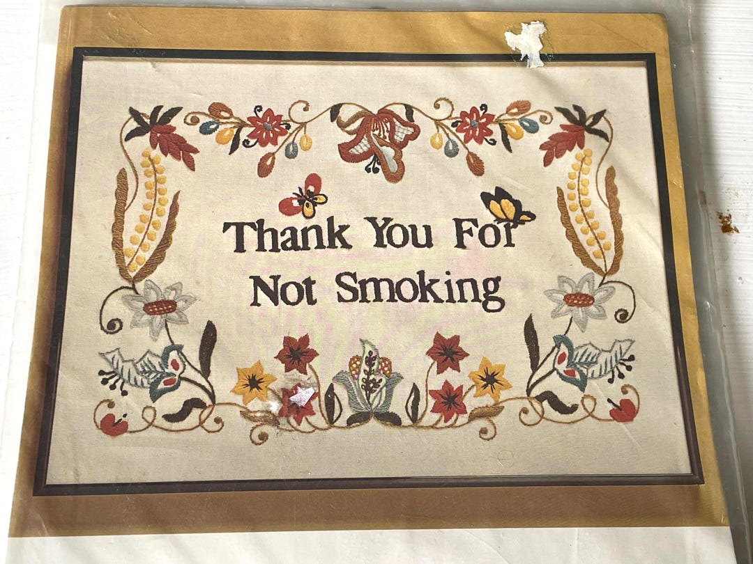 Vintage Jacobean Floral Sampler Thank You for Not Smoking Crewel ...