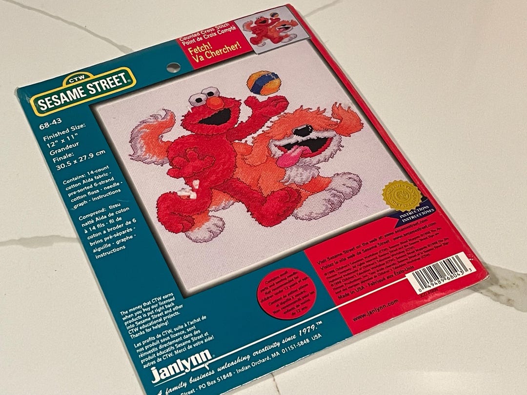 Vintage Sesame Street Elmo & Dog FETCH! Counted Cross Stitch Kit ...