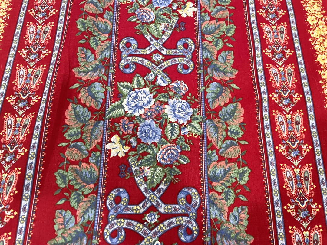 Vintage Blue Cabbage Roses Floral Paisley Stripe Fabric Red Gold Plaid ...