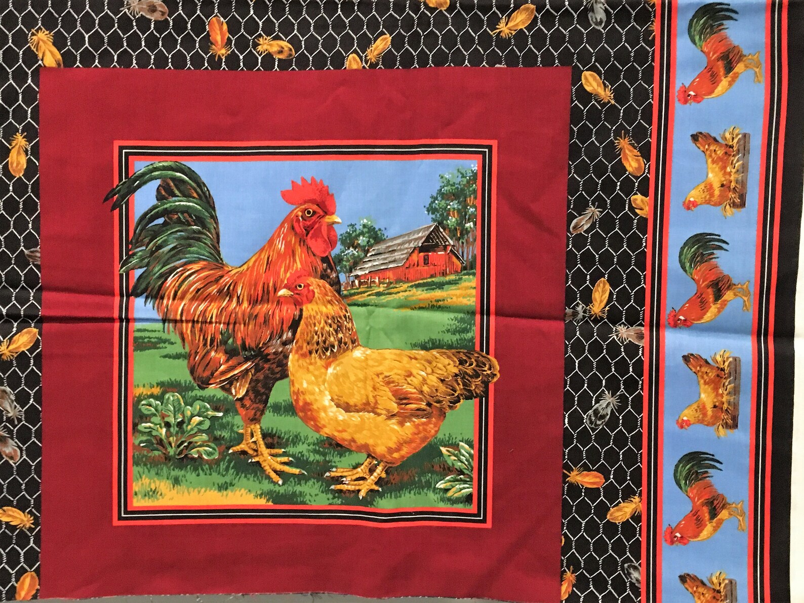 Vintage Chicken Rooster Fabric Pillow Quilt 2 or 4 Squares Panel ...