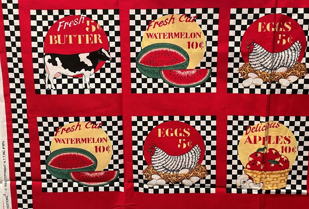 Vintage Country FARM STAND Fabric Apple Watermelon Corn Cow Chicken ...