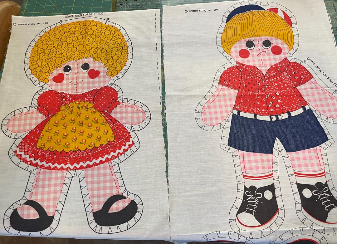 Vintage Pink Check Gingham Retro Children Girl & Boy Doll Fabric Panel ...