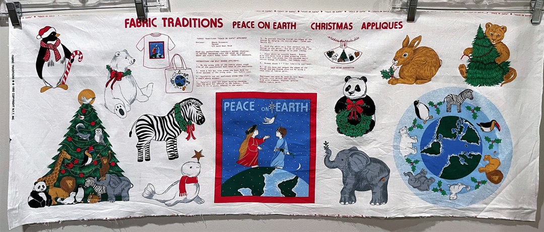 Vintage Peace on Earth Animals Christmas Appliques Fabric Traditions ...