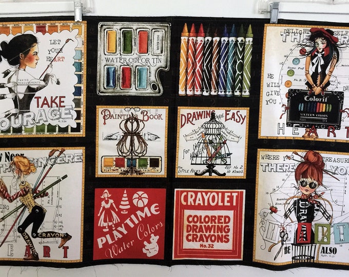 Art Fabric DRAW NEAR Panel Women Artists Crayons Pencils Vintage Art ...