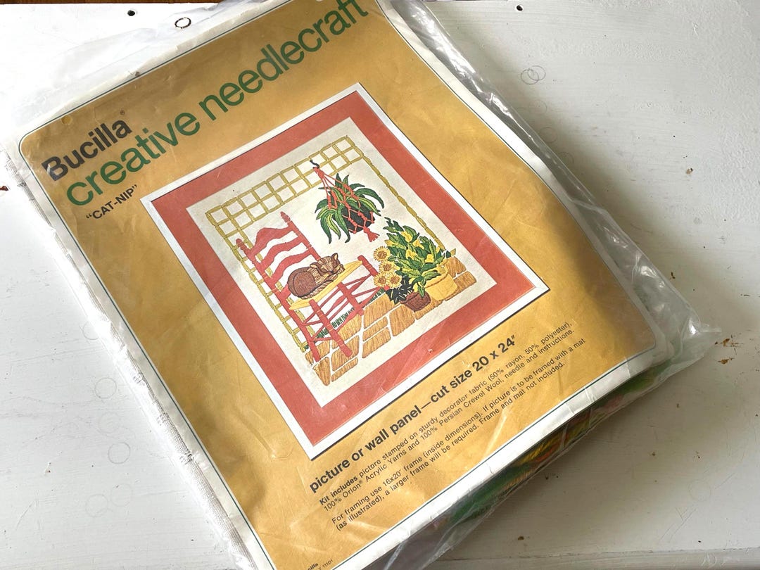 Vintage Bucilla Cat Crewel Embroidery Kit CAT-NIP Picture or Panel ...