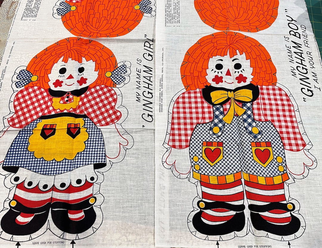 Vintage Raggedy Gingham Girl & Boy Doll Fabric Panel Stuffed Toy Cut ...