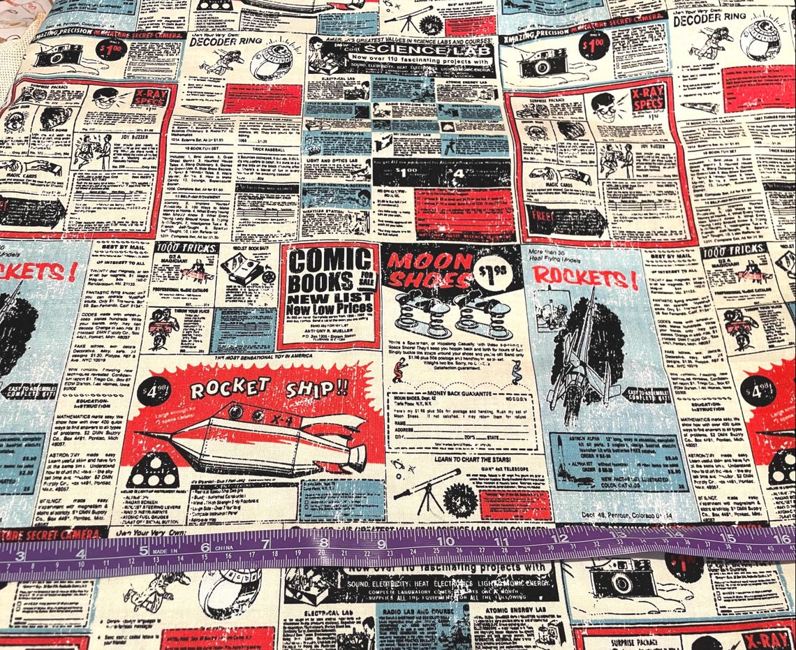 Fat Quarter (FQ 18"x21") Htf Oop Retro Space Rocket Age Comic Book ...