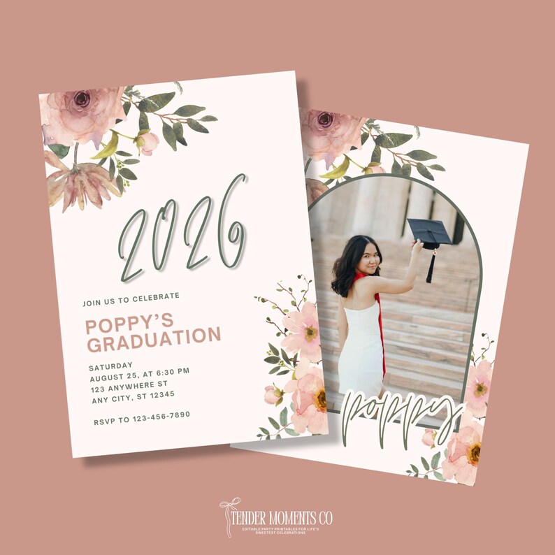 Boho Graduation Invitation Template, Blush Floral Grad Announcement ...
