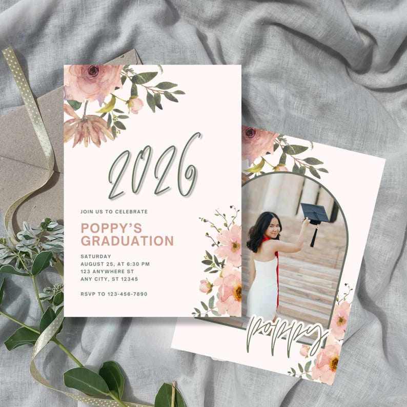 Boho Graduation Invitation Template, Blush Floral Grad Announcement ...