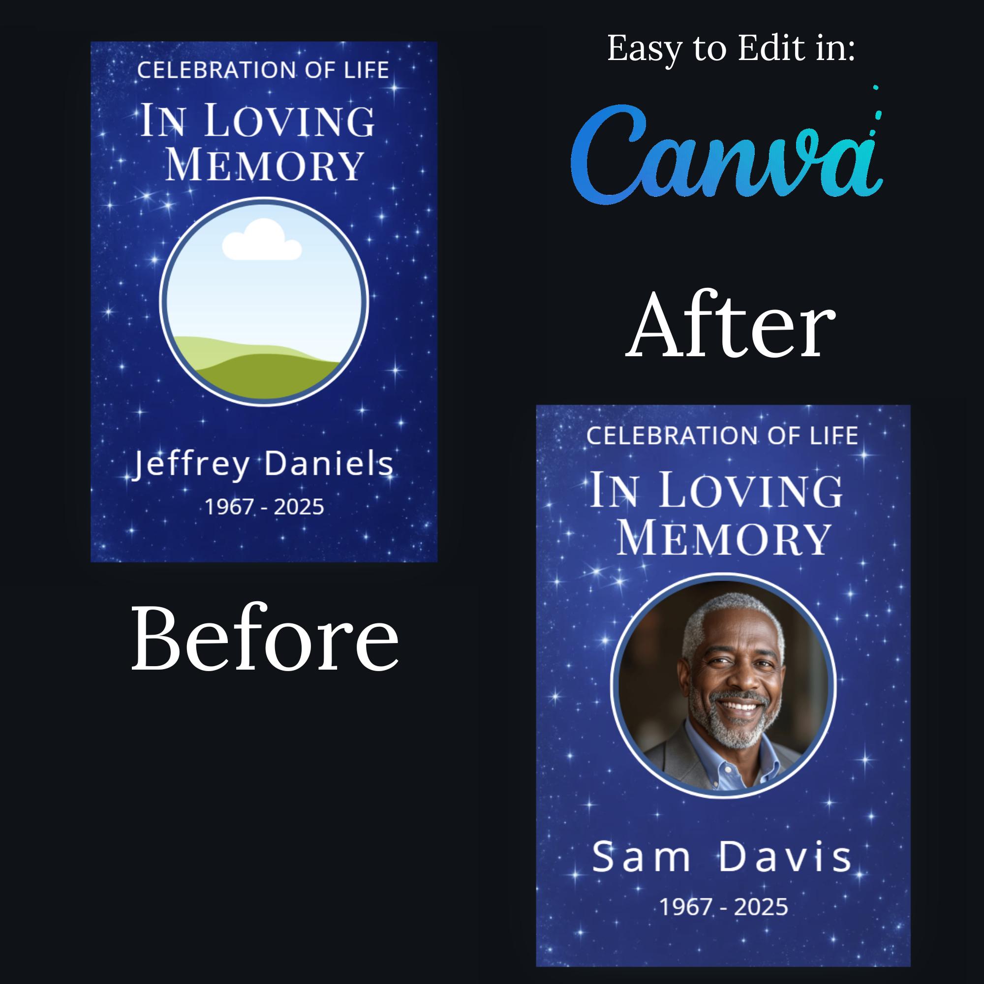 Royal Blue Memorial Poster Template: Elegant Funeral Tribute (canva ...