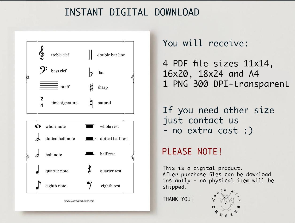 Music Notes Poster, Beginner Music Symbols Chart (digital Download) - Etsy