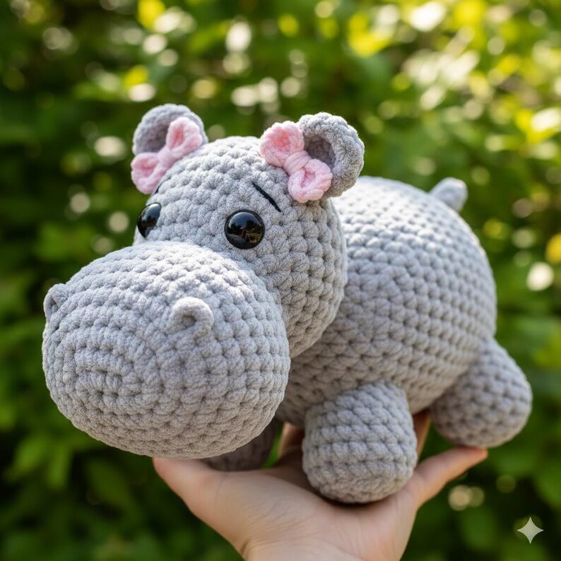 Crochet Hippo Plush Set, Kawaii Amigurumi Hippopotamus Toys, Handmade ...