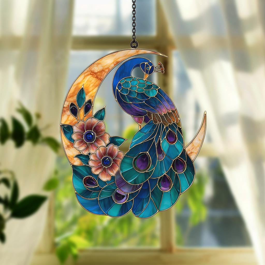 Peacock Moon Stained Glass Suncatcher, Crescent Moon Peacock Window ...