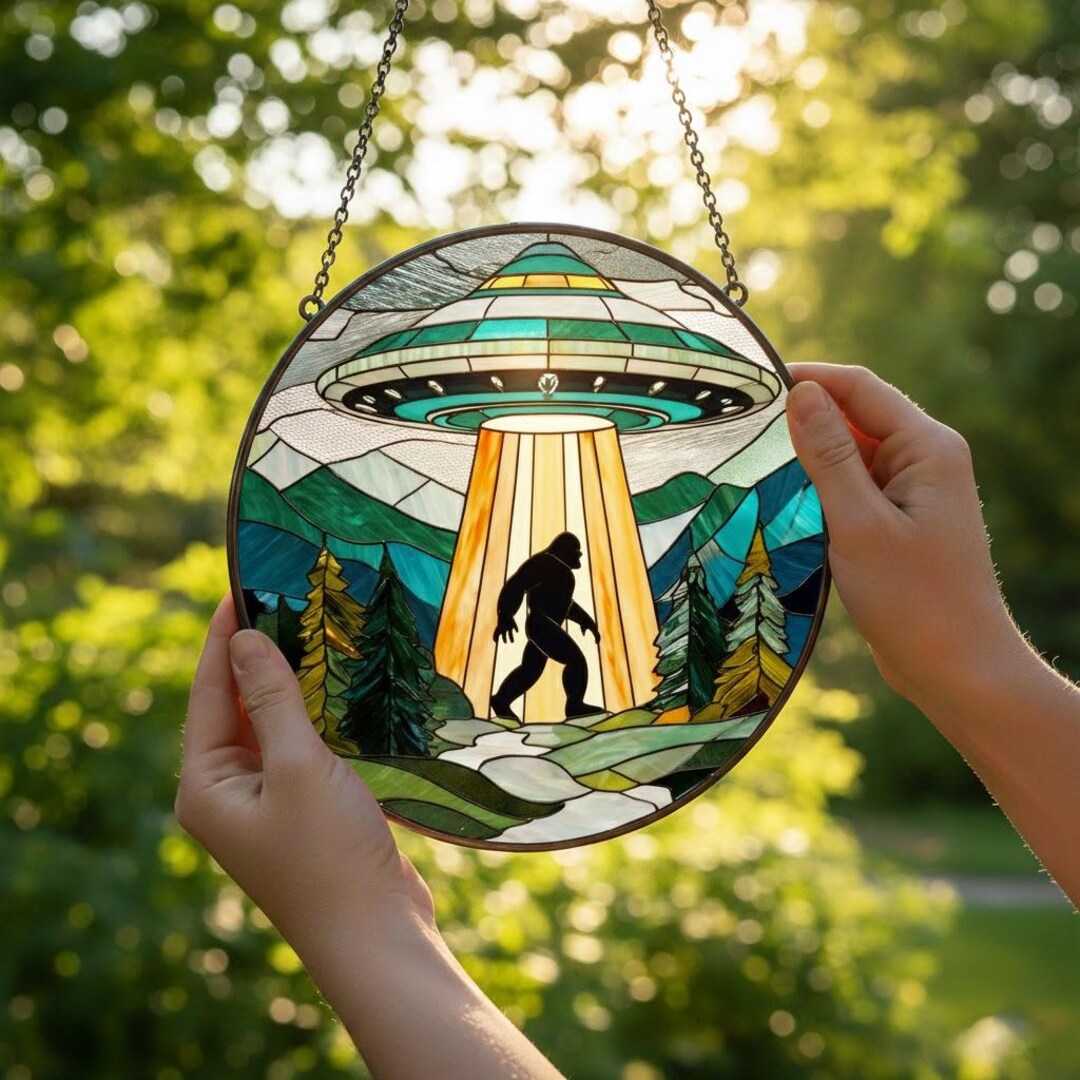 UFO Abduction Bigfoot Stained Glass Suncatcher, Funny Cryptid Window ...