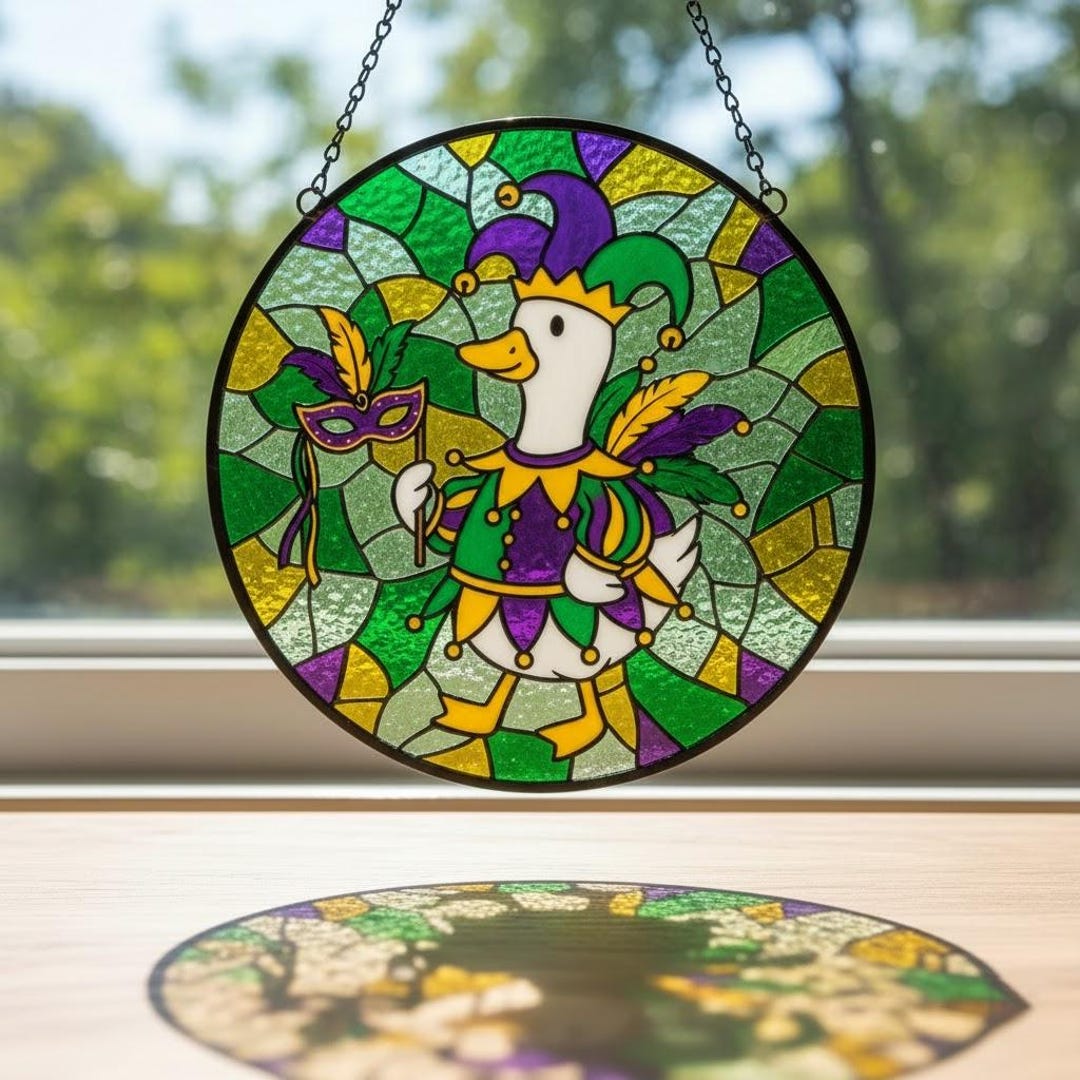 Mardi Gras Goose Stained Glass Suncatcher, Jester Duck Window Hanging ...