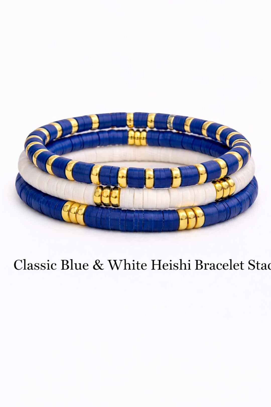 Classic Blue & White Heishi Bracelet Stack, Handmade Stretch Bracelet ...