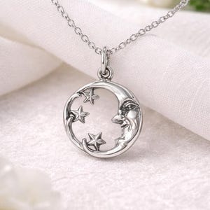 Sterling Silver Moon and Stars Necklace | Celestial Silver Pendant ...