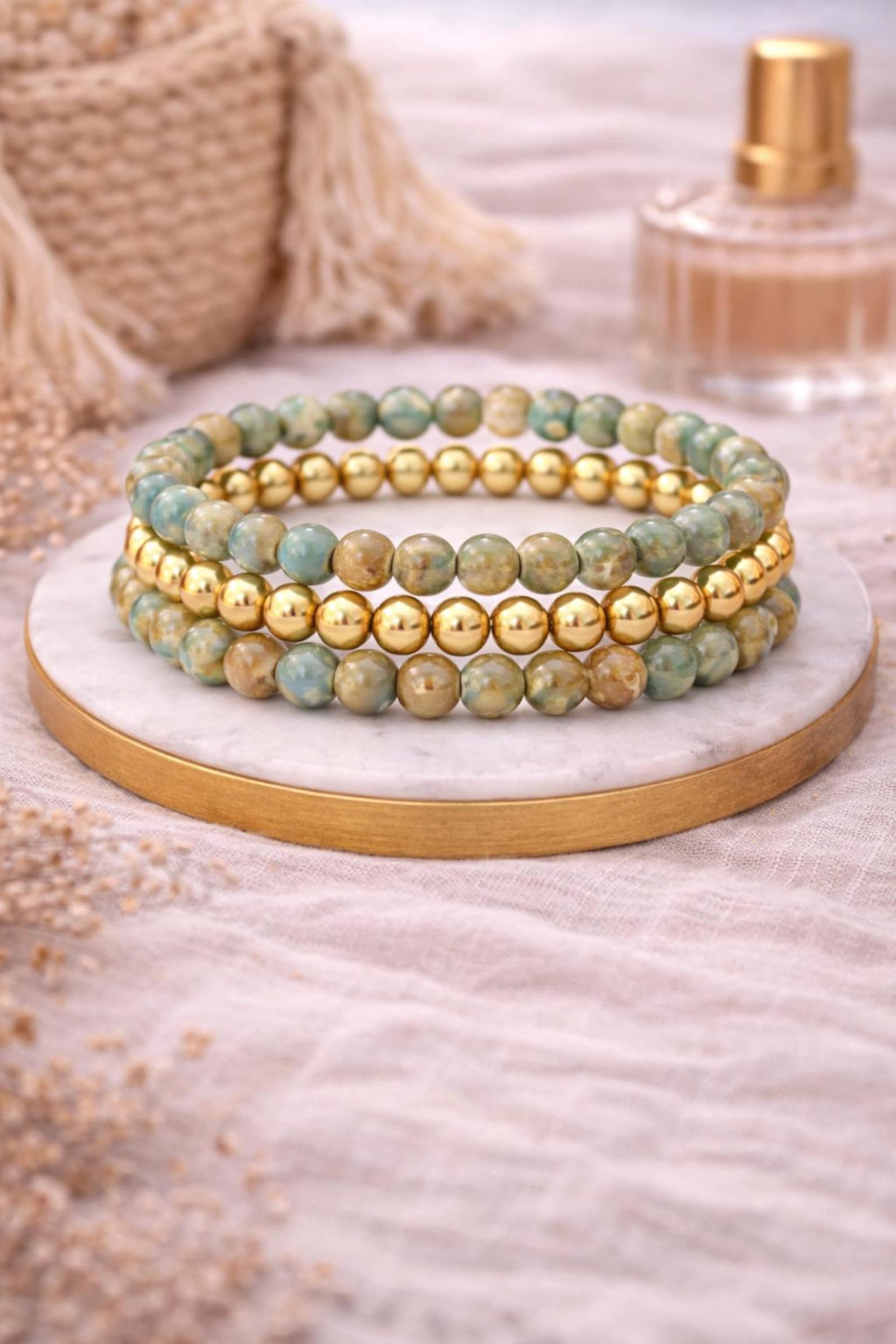 Jade & Gold Beaded Bracelet Stack | Boho Crystal Stretch Bracelets ...