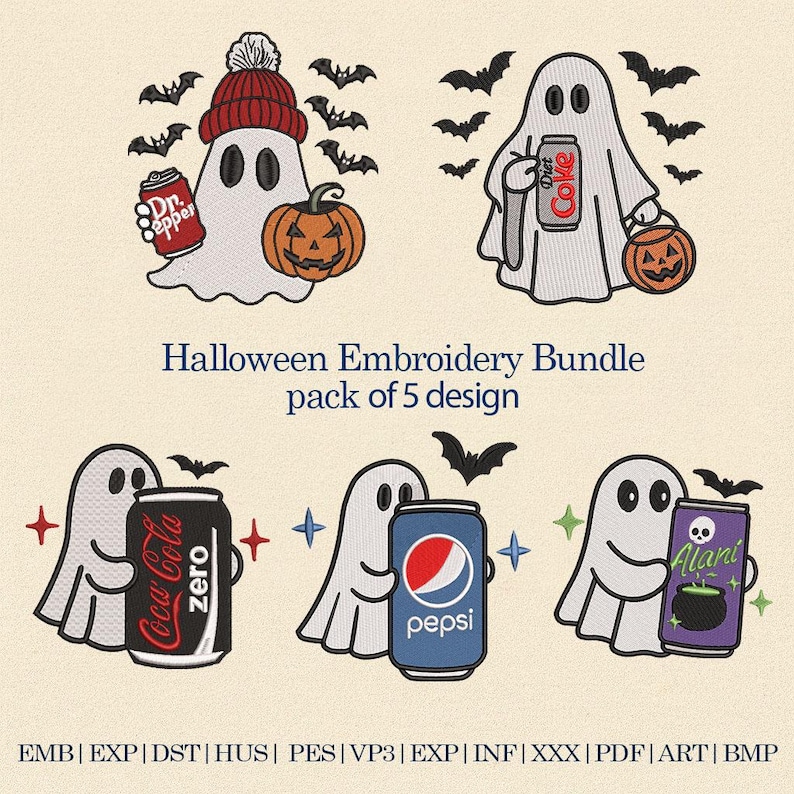 Soda Drinking Party Halloween Embroidered Bundle, Spooky Soda Ghost ...