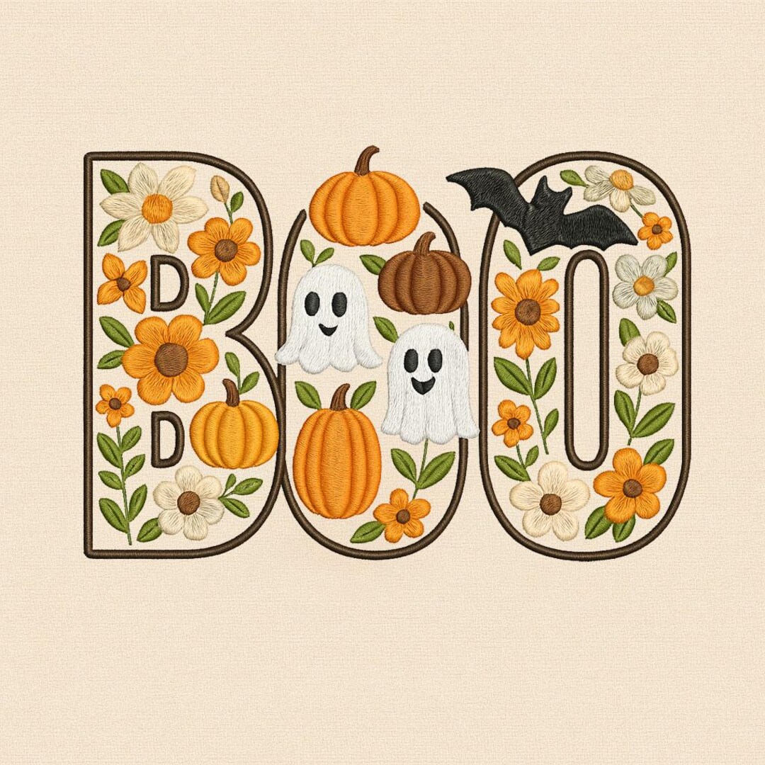 BOO Embroidery Design, Floral Halloween Letters With Ghosts, Pumpkins ...