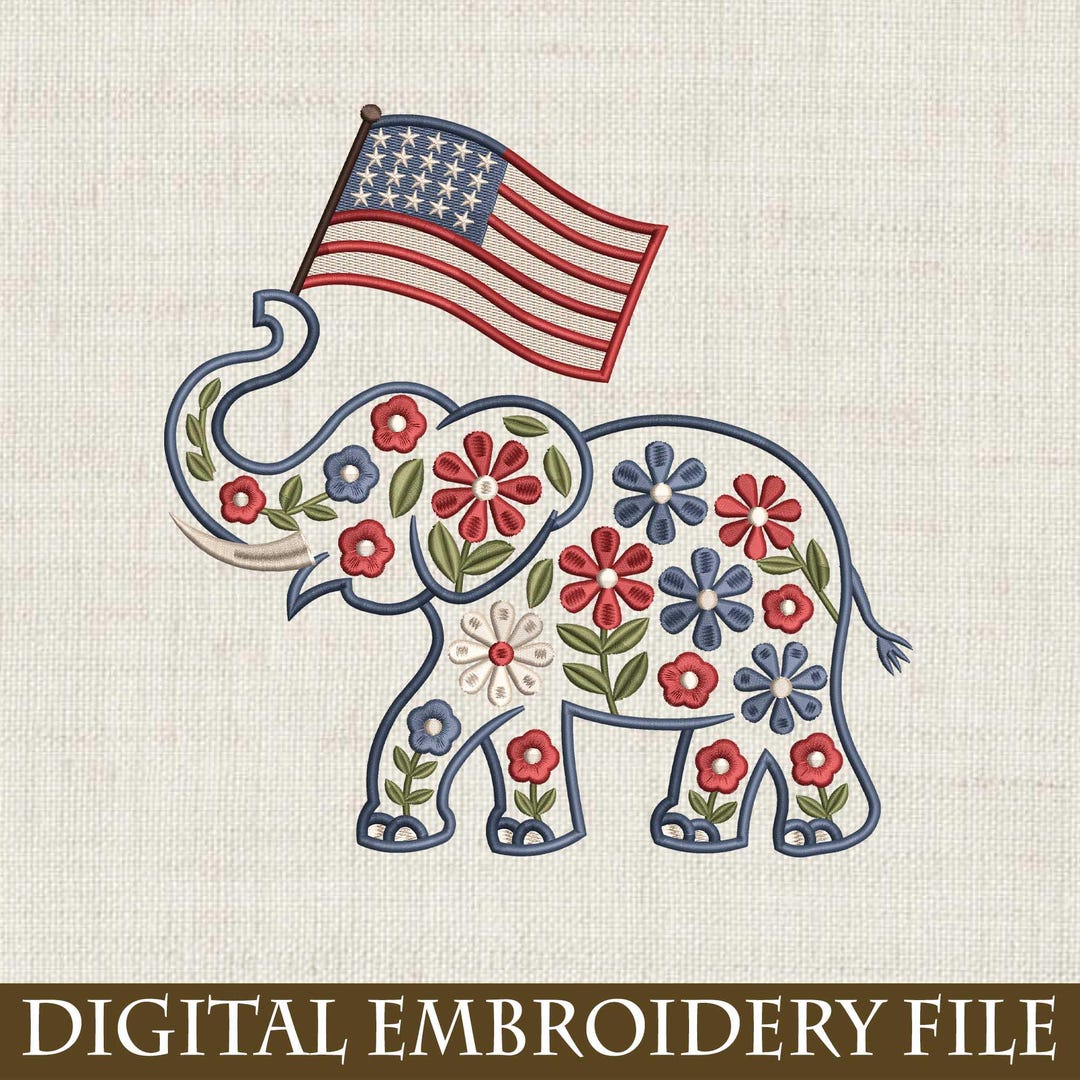 Patriotic Elephant Embroidery Design, 4th of July Floral USA Flag ...