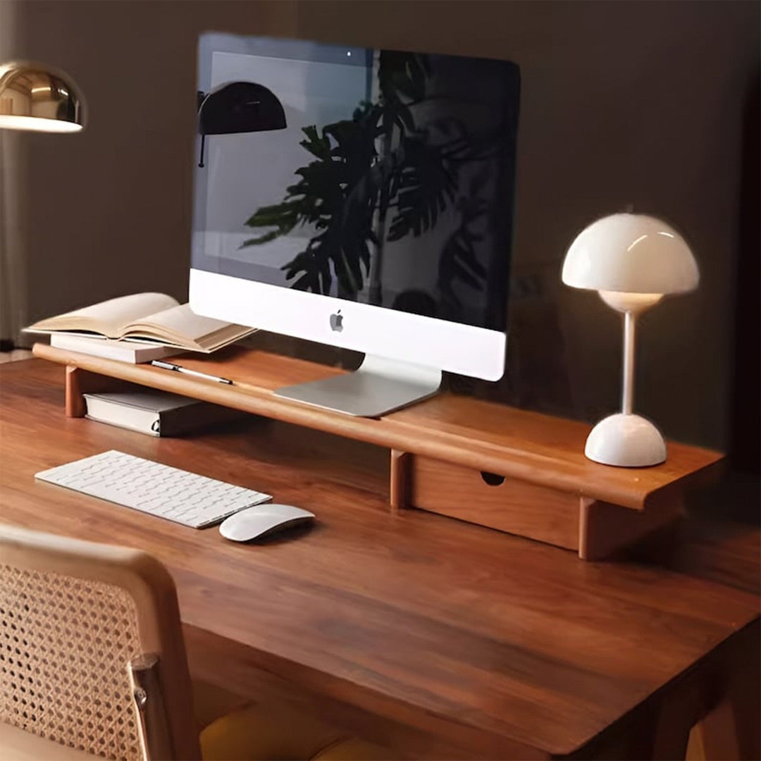 Custom Solid Wood Desk Shelf Monitor Stand With Drawer Storage, Desk ...