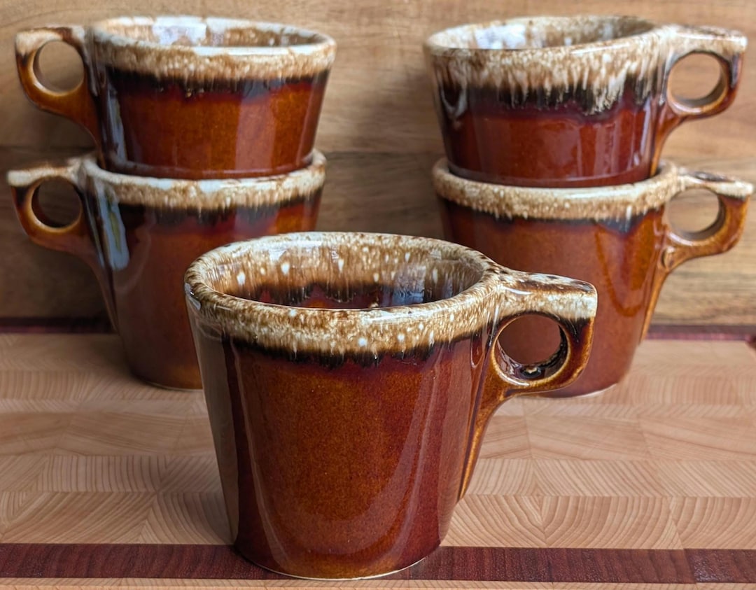 Vintage HULL USA Drip Glaze Mugs Set – Retro Glazed Stoneware Coffee ...