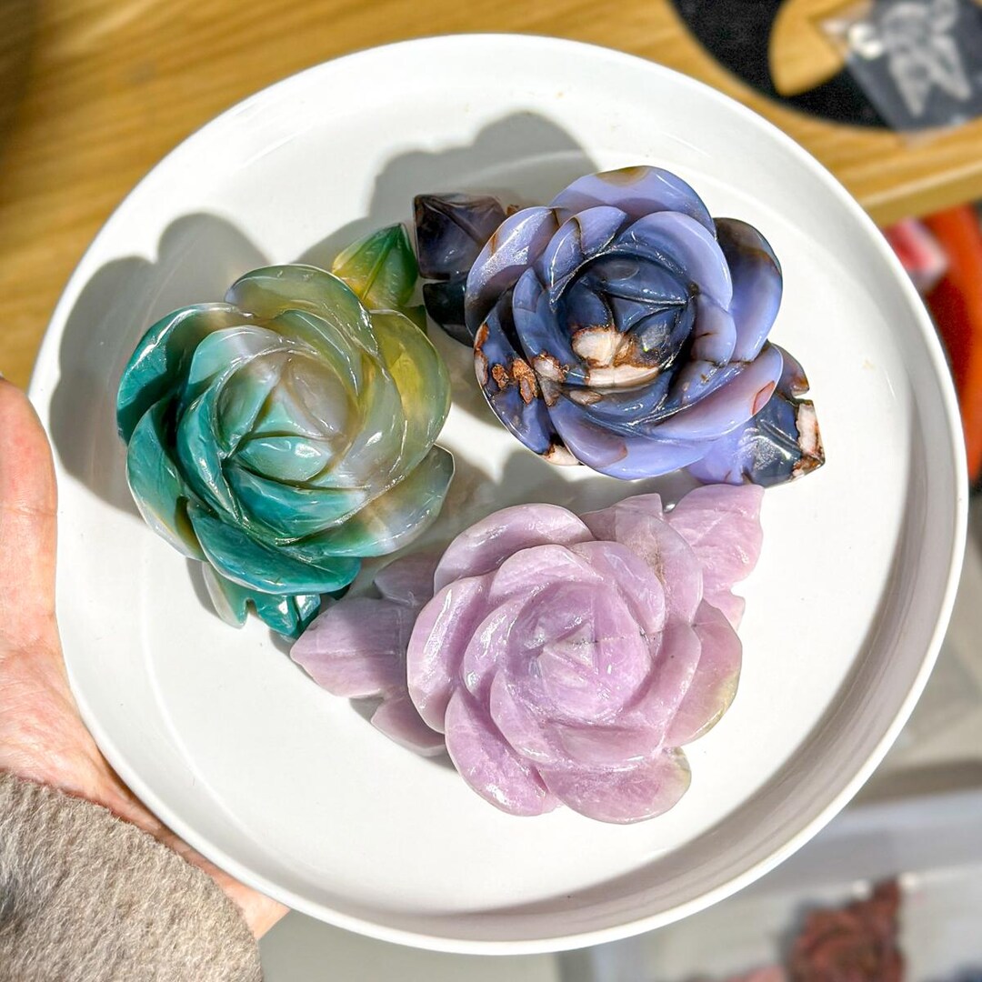 Natural Crystal Gem Stone Rose Flower Carving Decorative Ornament - Etsy