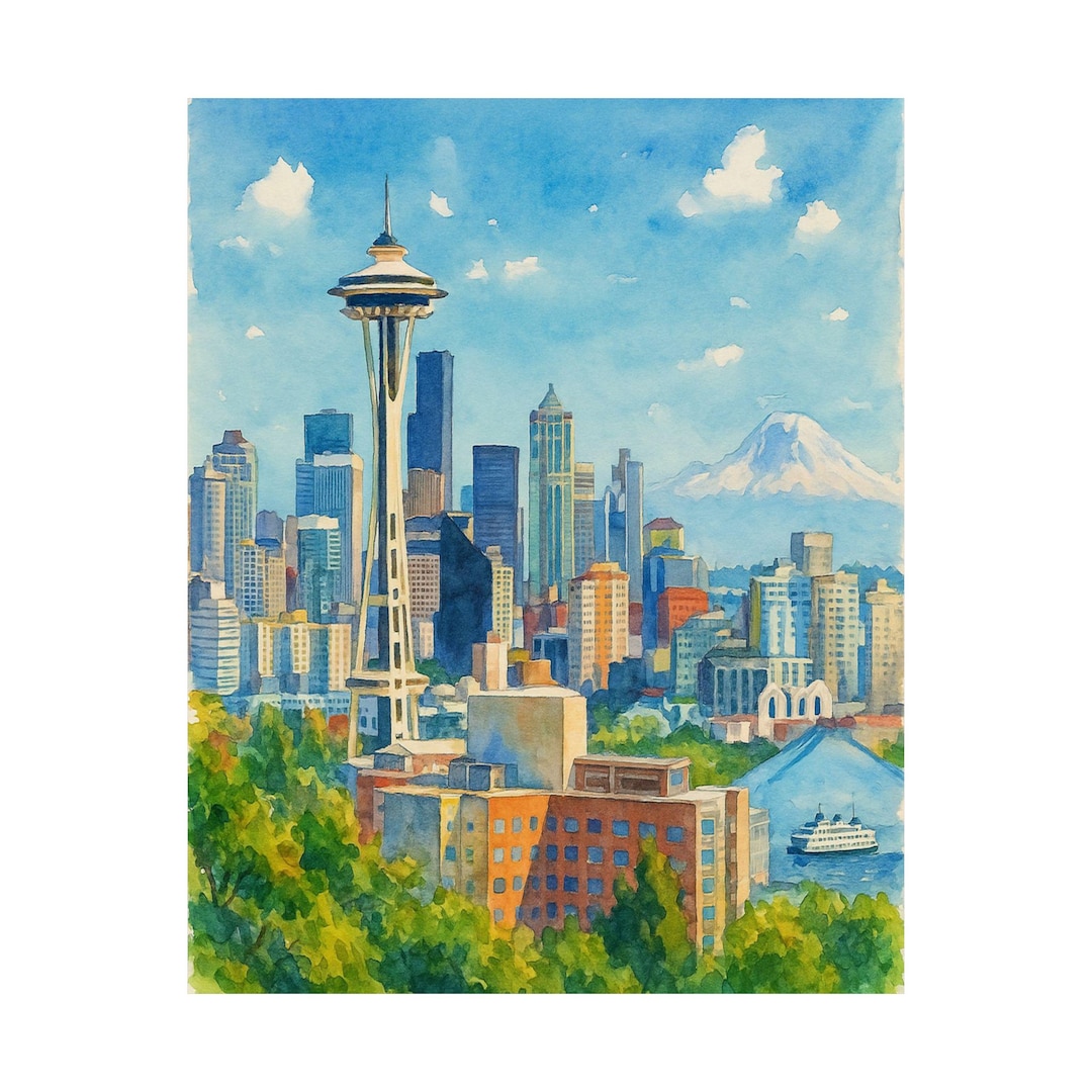 Seattle Skyline Watercolor Print: Pacific Northwest Art, Space Needle ...