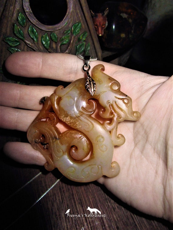Chicken Bone Nephrite Jade 14k Plated Rowan Leaf Drag… - Gem
