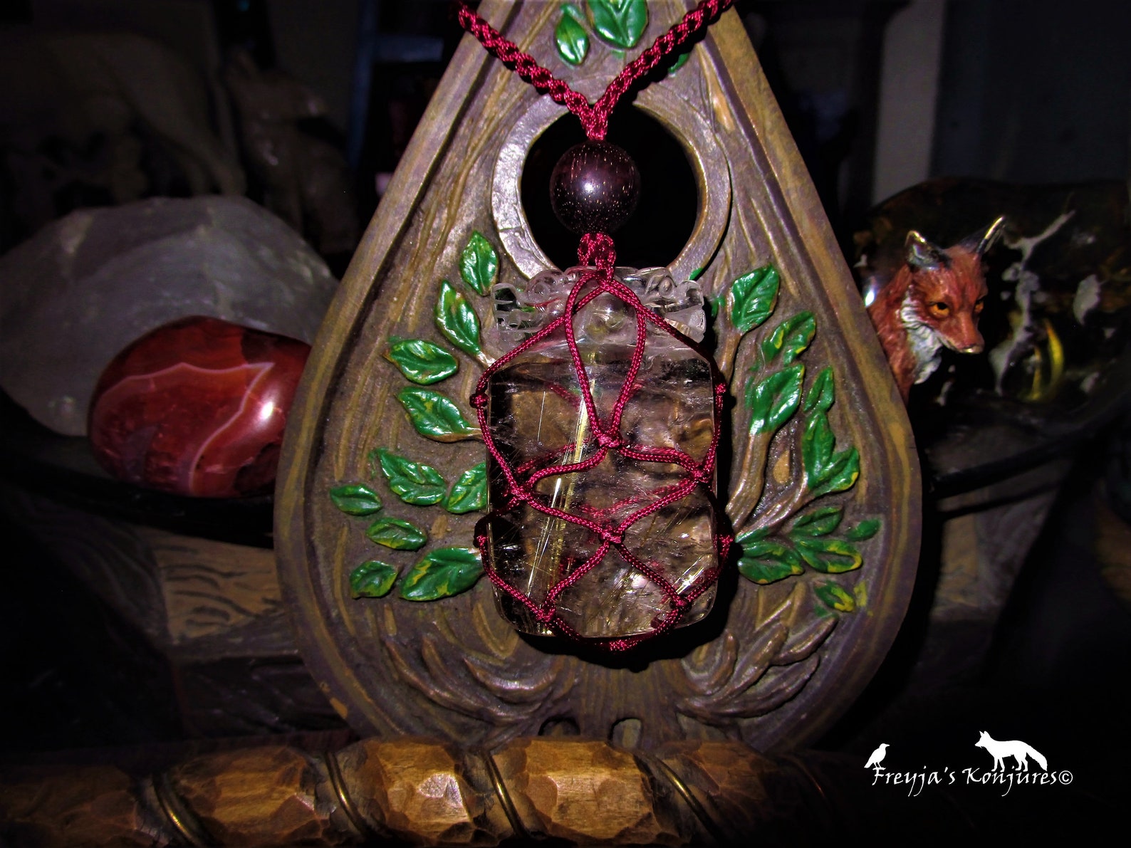 Gold Rutile Carved Quartz Pixiu Hand Knit Basket Display Necklace ...