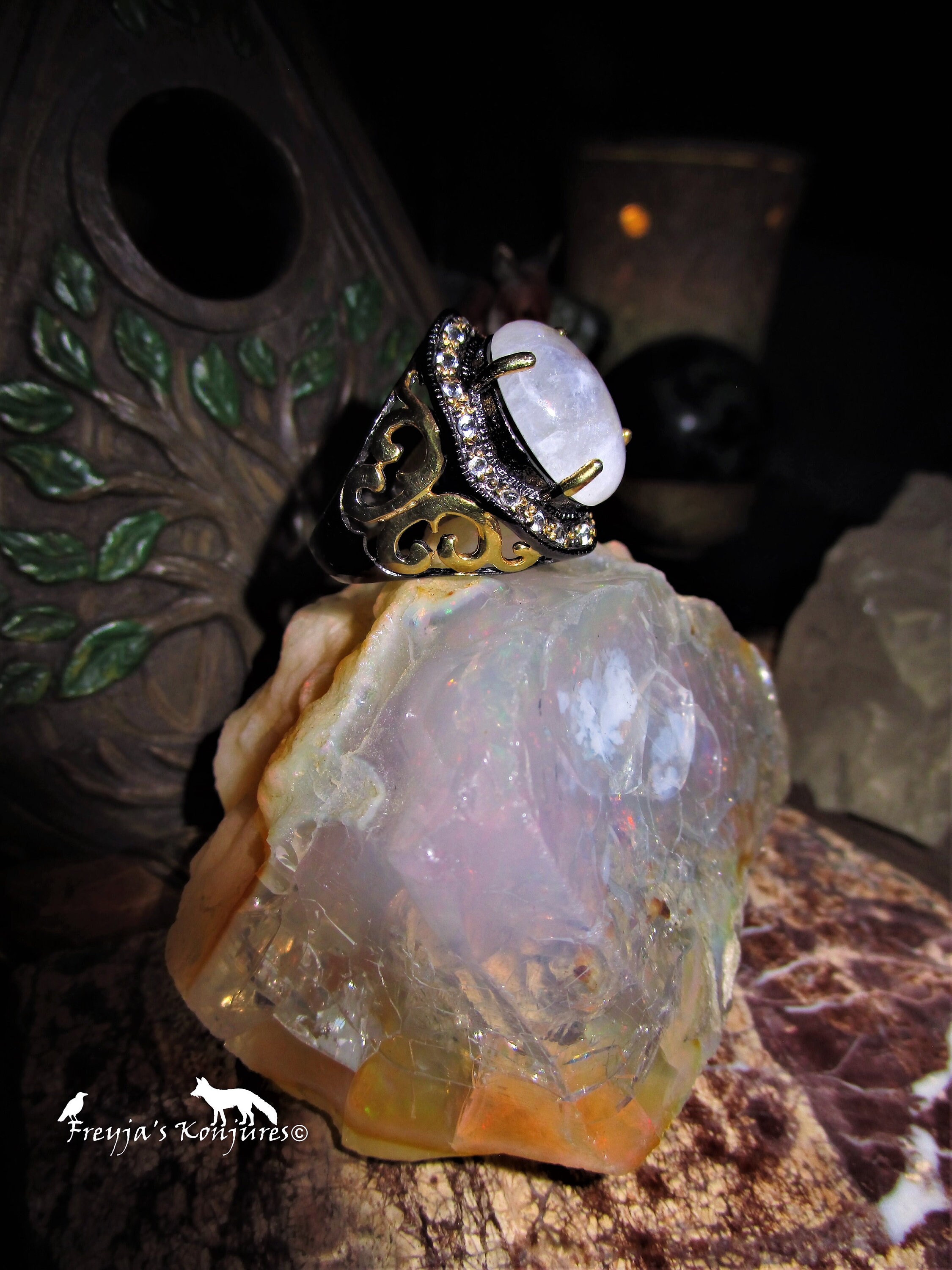 Blue Moonstone Filigree Statement Ring with White Topaz | Etsy