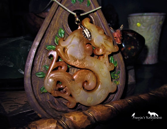 Chicken Bone Nephrite Jade 14k Plated Rowan Leaf Drag… - Gem