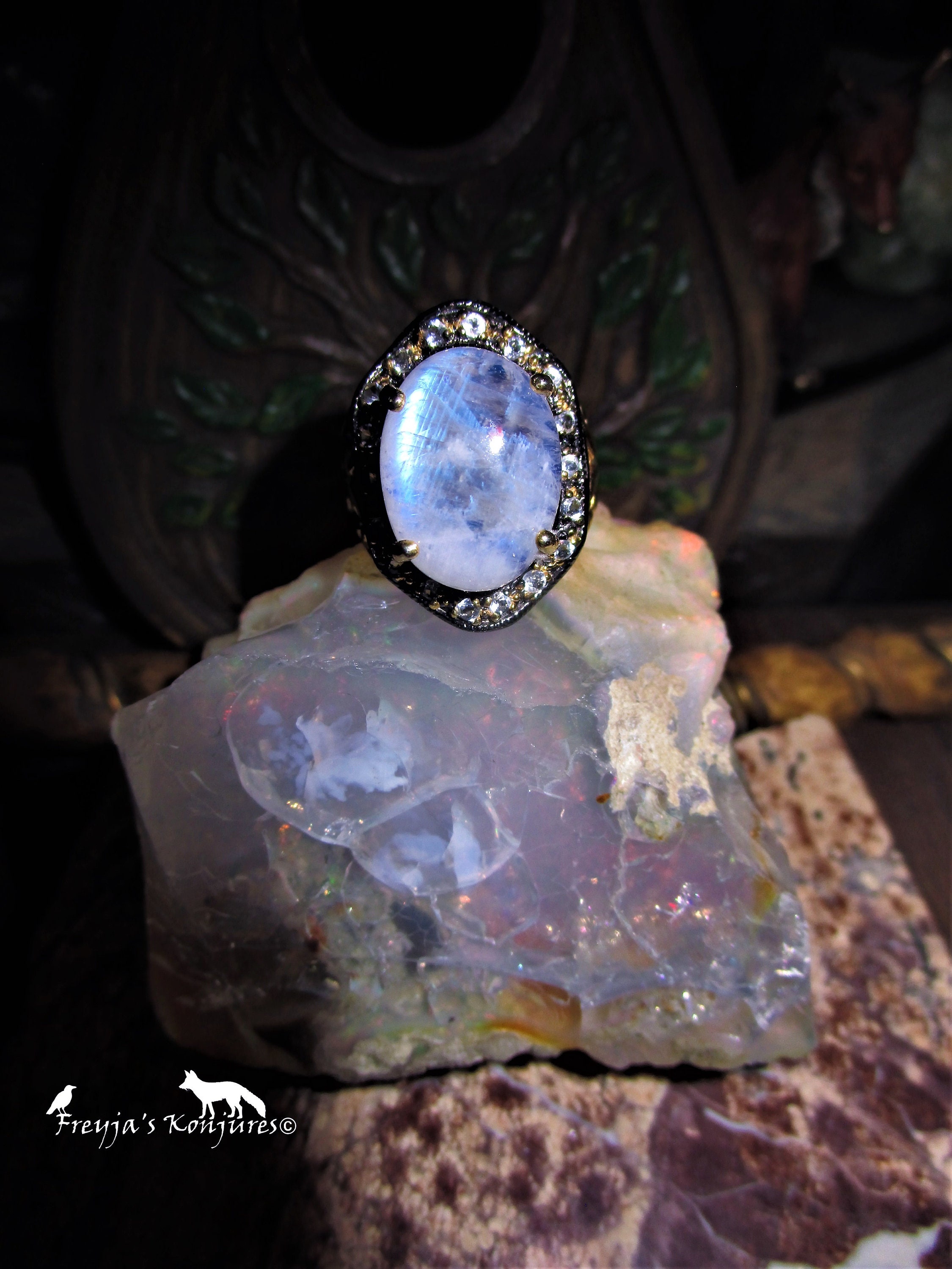 Blue Moonstone Filigree Statement Ring with White Topaz | Etsy