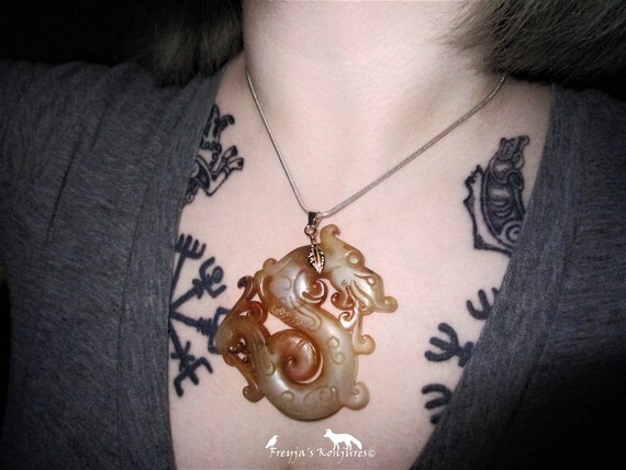 Chicken Bone Nephrite Jade 14k Plated Rowan Leaf Drag… - Gem