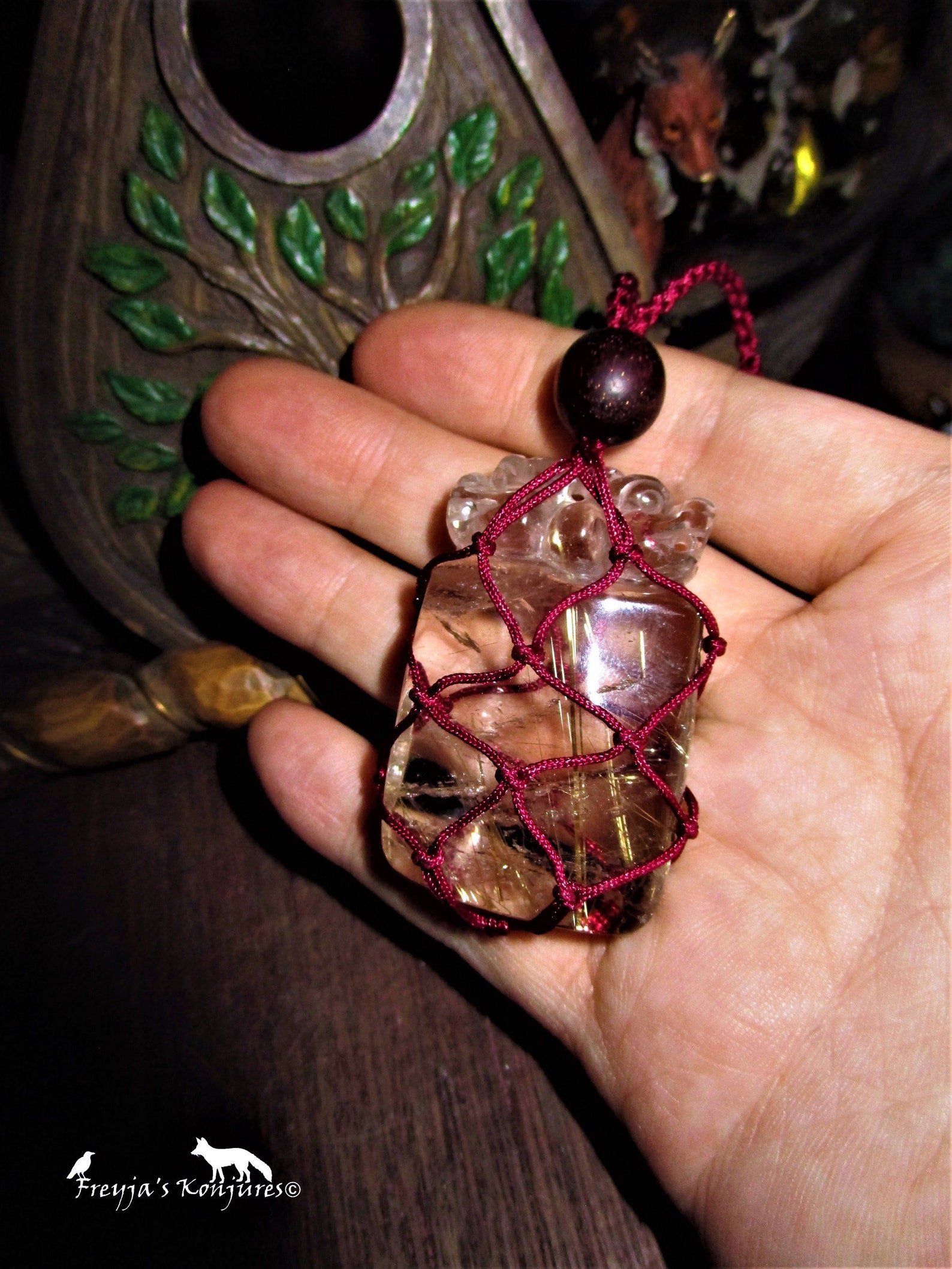 Gold Rutile Carved Quartz Pixiu Hand Knit Basket Display Necklace ...