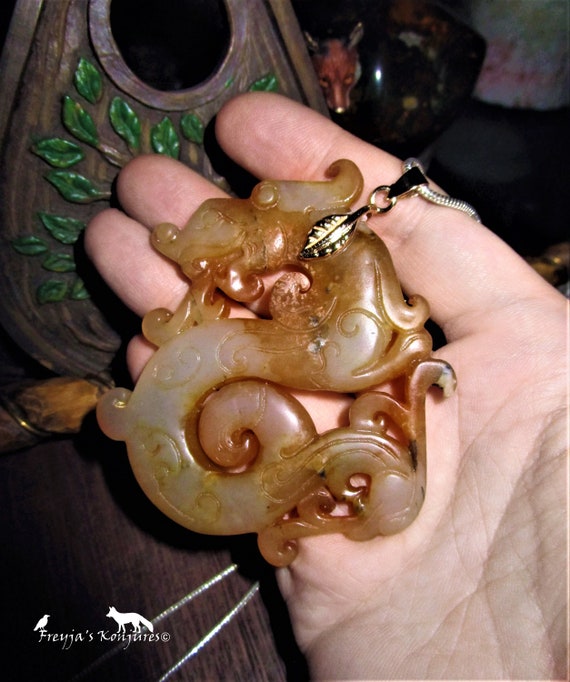 Chicken Bone Nephrite Jade 14k Plated Rowan Leaf Drag… - Gem