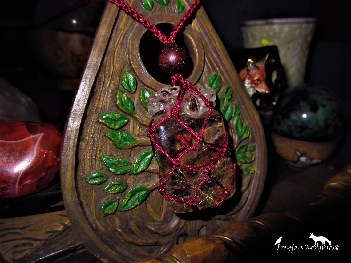 Gold Rutile Carved Quartz Pixiu Hand Knit Basket Display Necklace ...
