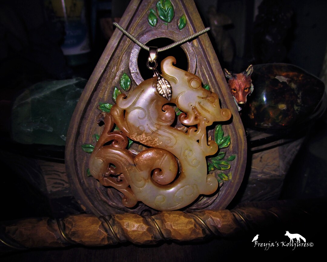 Chicken Bone Nephrite Jade 14k Plated Rowan Leaf Dragon Pendant stone ...