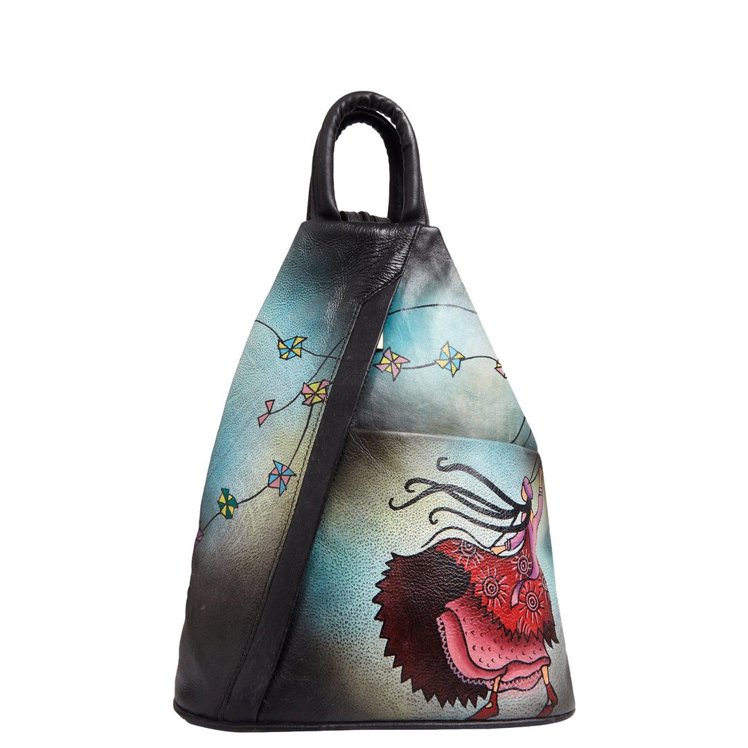 Hand-painted Leather Triangle Backpack: Convertible Strap Artistic Bag ...