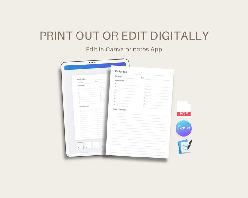 Printable Editable Recipe Template, Printable PDF, Editable, Canva ...