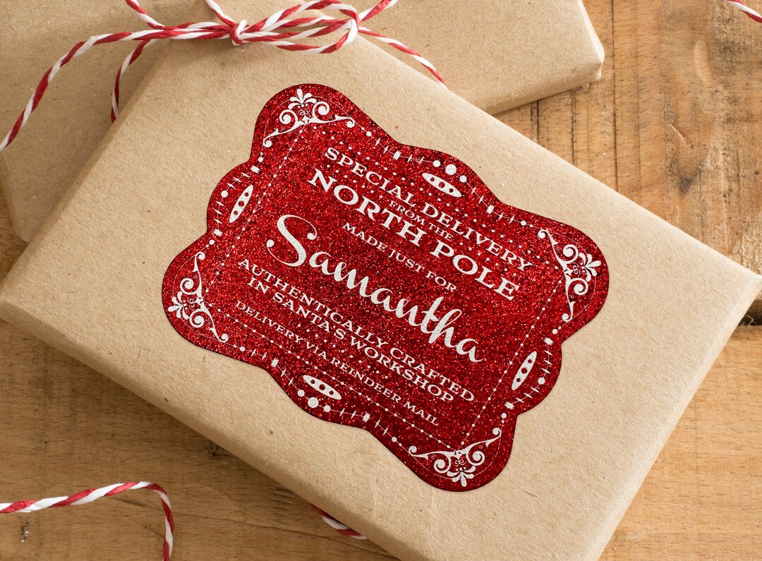 Red Glitter Santa Gift Tag Personalized Santa's Workshop Vintage Tag ...