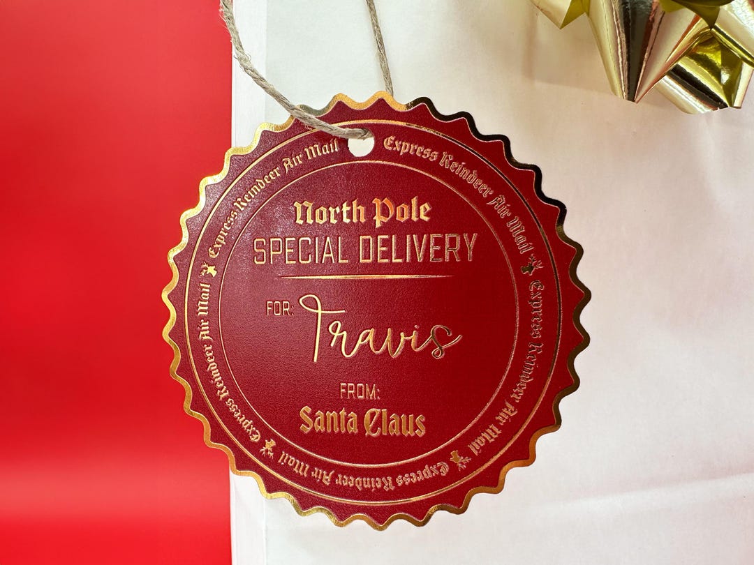 Gold Foil Santa Gift Tag | Personalized Reindeer Air Mail | Vintage ...