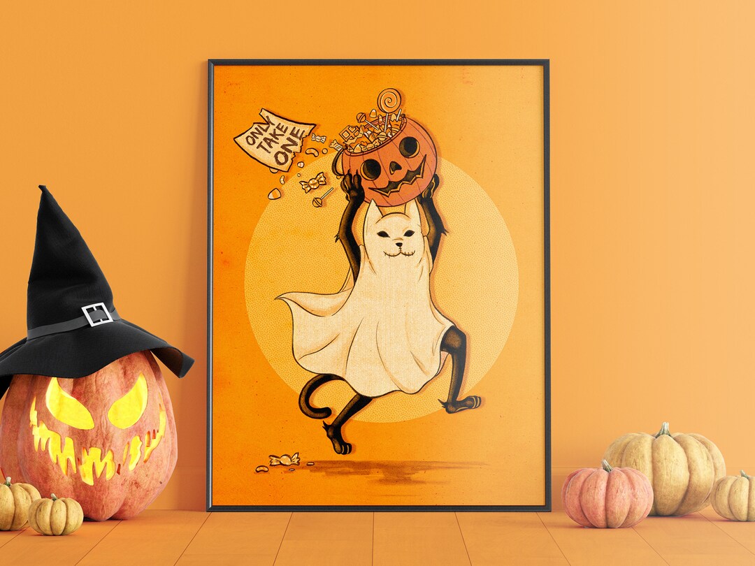 Vintage Ghost Cat Stealing Candy Physical Print | Original Halloween ...
