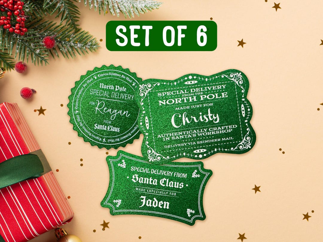 Green Glitter Santa Gift Tags | Set of 6 | Personalized Vintage Gift ...