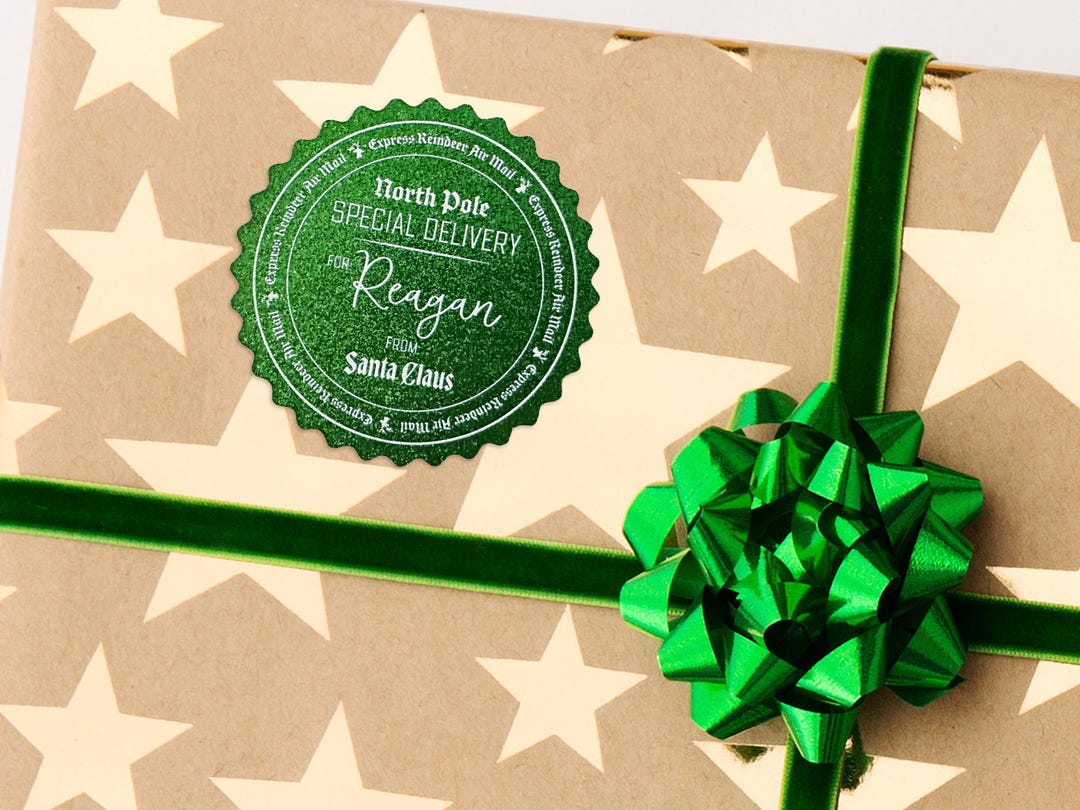 Green Glitter Santa Gift Tag | Personalized Reindeer Air Mail | Vintage ...